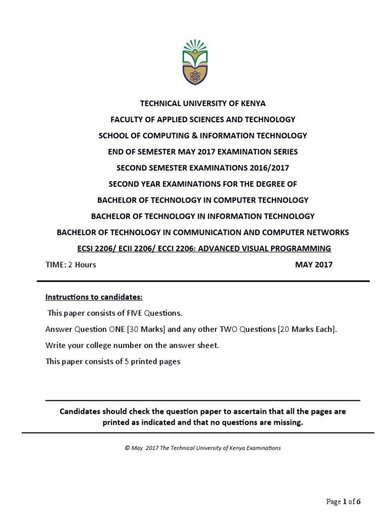 ECSI 2206 Advanced Visual Programming Exam PP1 by Felix Okoth | PDF ...