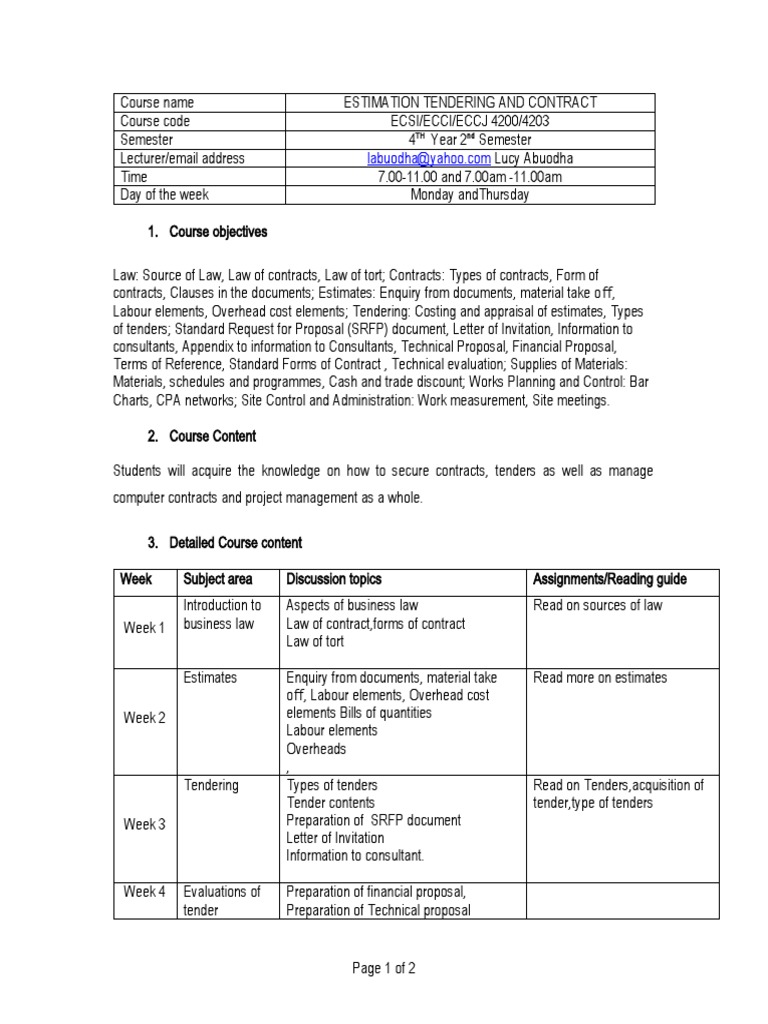 Estimation and Tendering Course Content | PDF | Test (Assessment ...