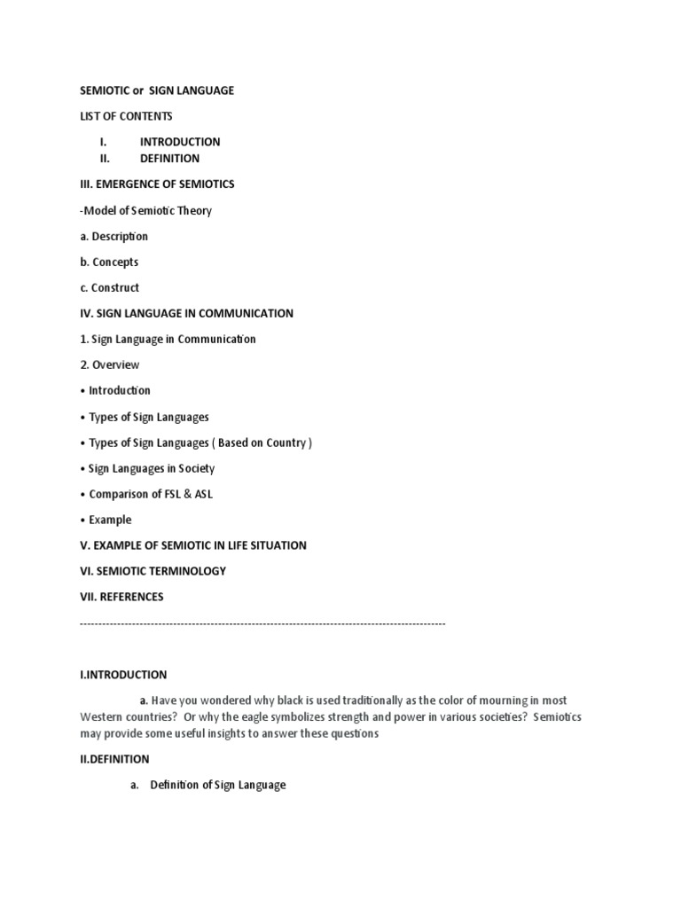 SEMIOTICS or SIGN LANGUAGE OUTLINE | PDF | Sign Language | Semiotics