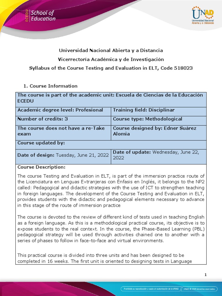 Course Syllabus Testing and Evaluation in ELT - 3 | PDF | Learning ...