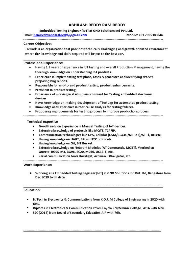 Abhilash Iot Test Engineer Resume | PDF | Internet Of Things | Wi Fi