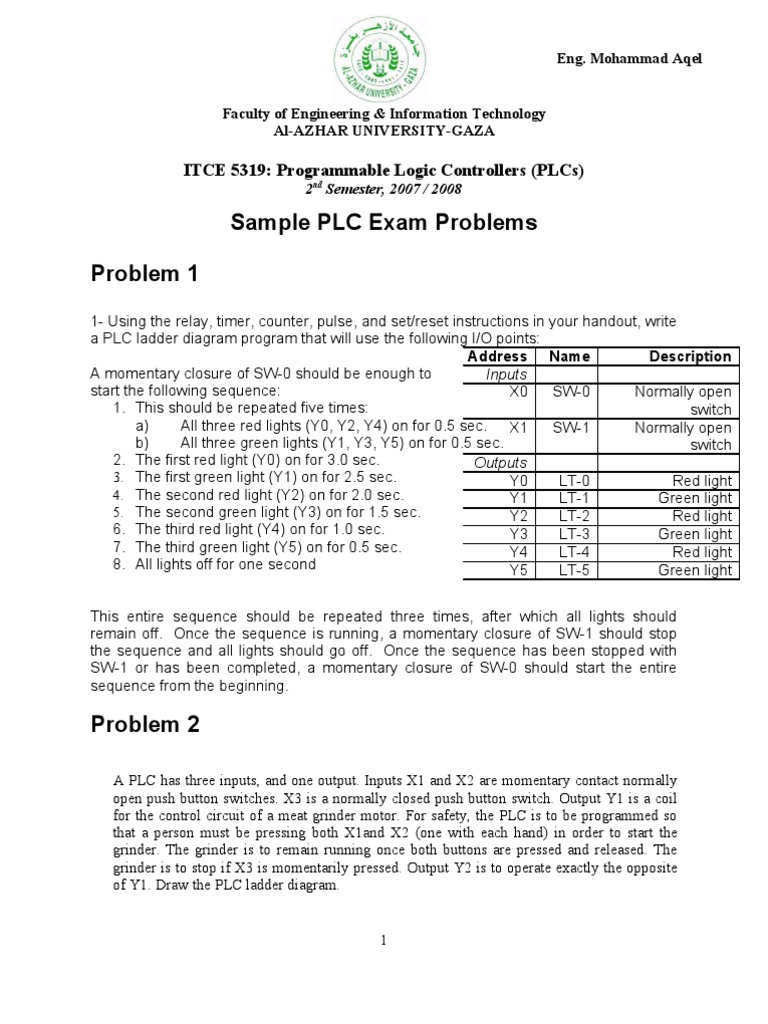Sample PLC Exam Problems | PDF | Programmable Logic Controller | Electrical Engineering