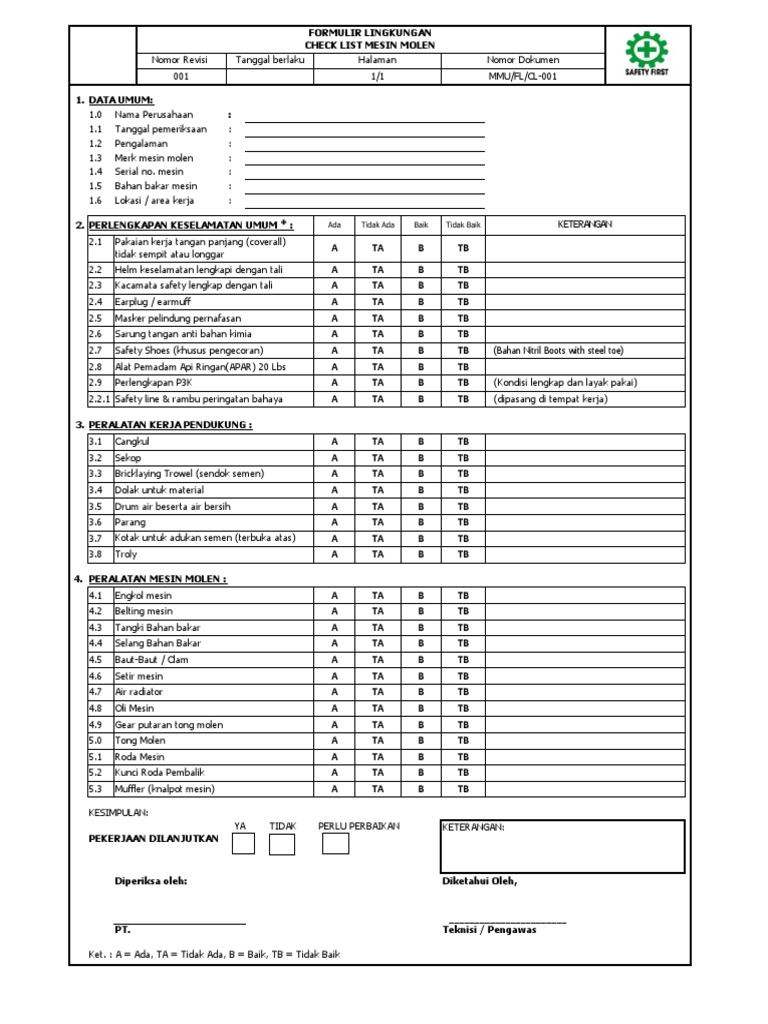 Checklist Mesin Molen dan Engkol | PDF