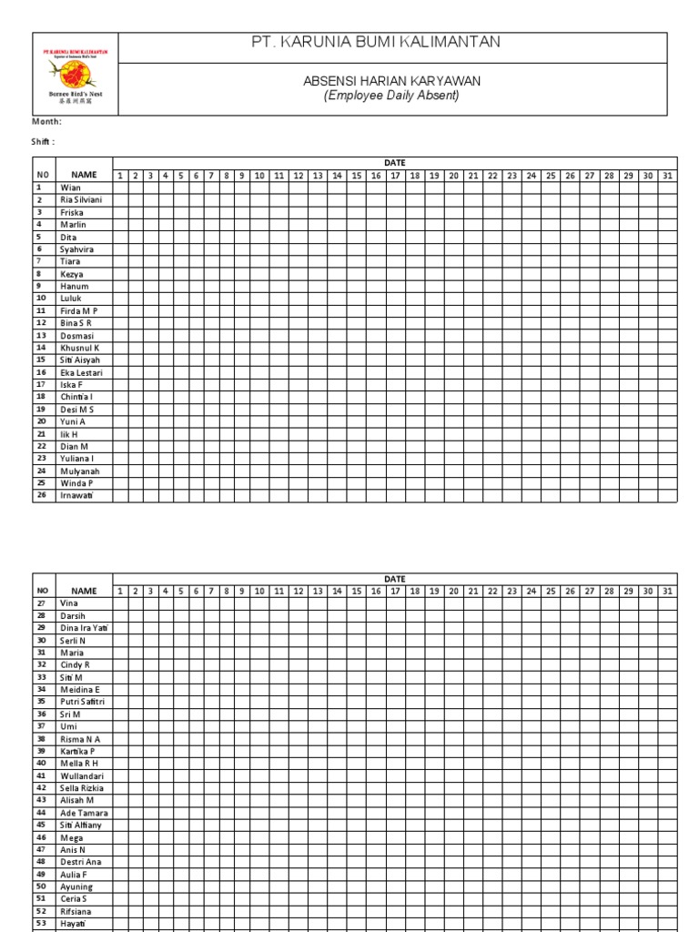 Absensi Karyawan Sift 1 PT KBK | PDF