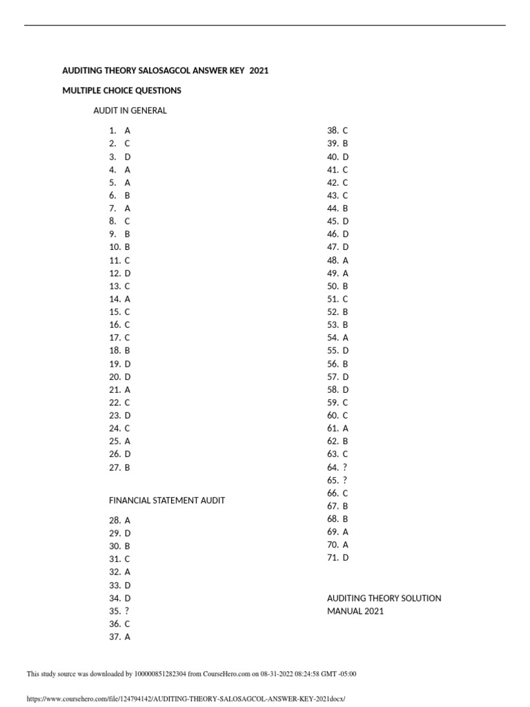 Audit Exam Answer Key 2021 | PDF