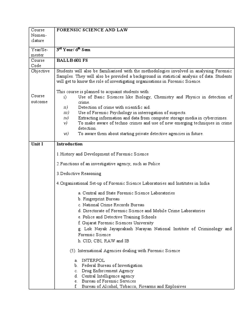 FS&Law Syllabus 6th Semester | PDF | Crime Scene | Forensic Science