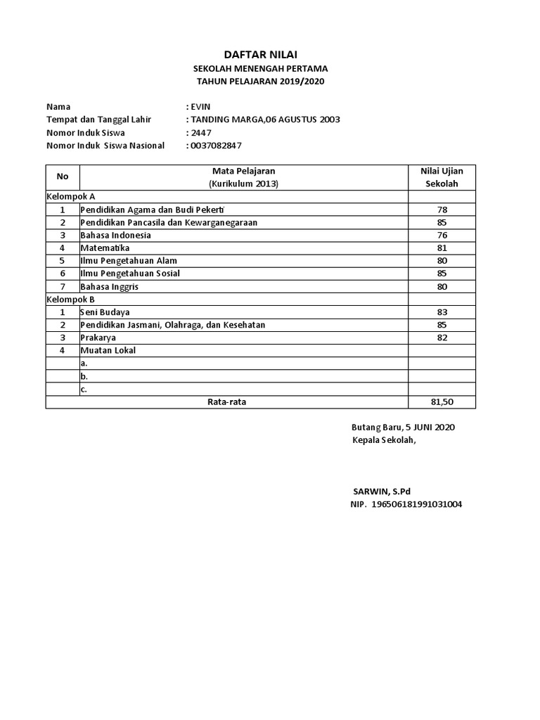 Daftar Nilai Kelas Ix A Smpn16srl Pdf