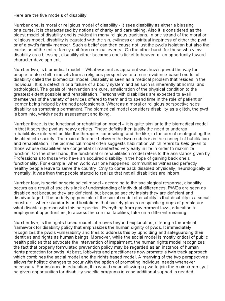 EVOLUTION OF MODELS OF DISABILITY Notes Only | PDF | Disability ...