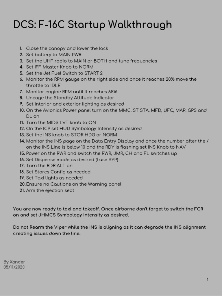 DCS - F-16 Startup Walkthrough | PDF | Technology & Engineering