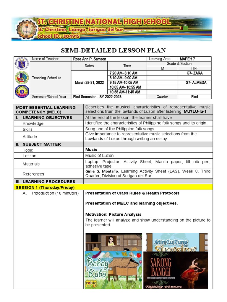 LP Q1 W1-Mapeh-7 | PDF | Songs | Learning