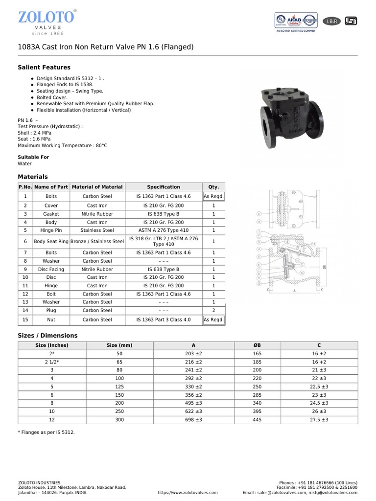 Zoloto-1083A - Swing Type CastIronNonReturnValvePN1.6Flanged | PDF ...