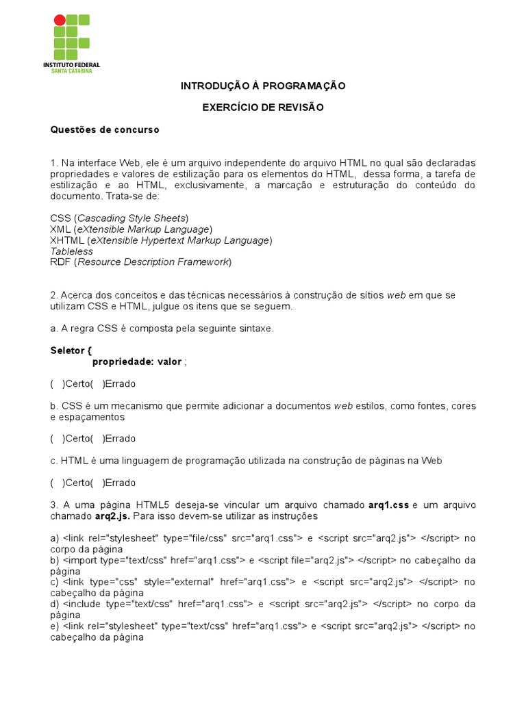 Exercício de HTML e CSS - Questões de Concurso | PDF | Html | Xhtml