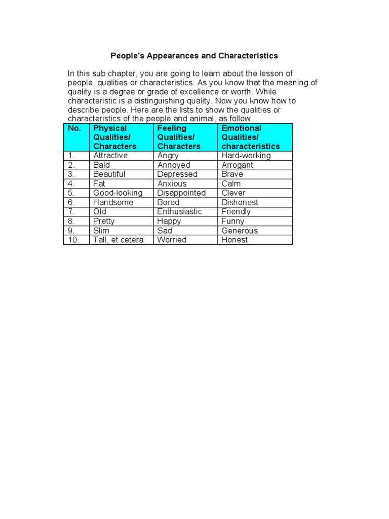 People's Appearances and Characteristics | PDF