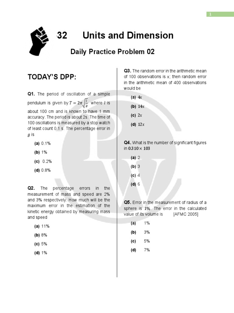 CH 32 Units and Dimension: Daily Practice Problem 02 Today'S DPP ...