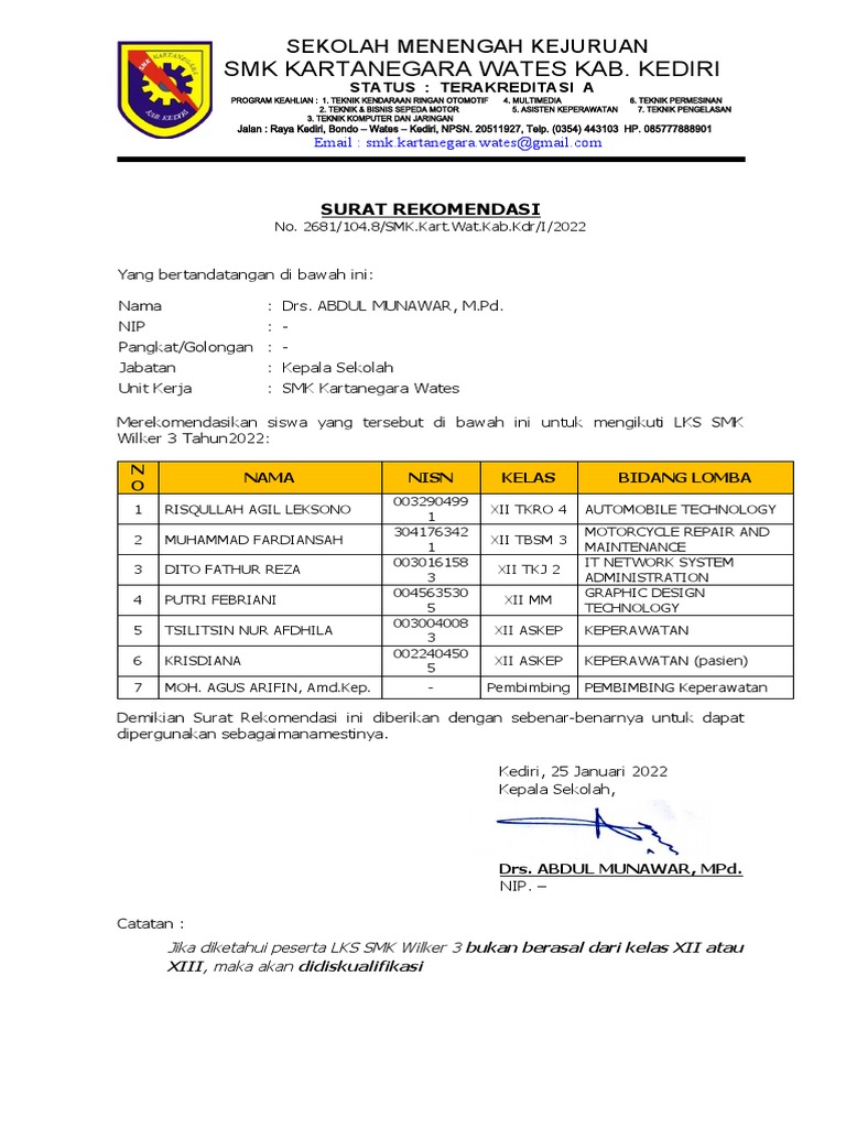 FORM Surat Rekomendasi LKS Wilker 3 | PDF
