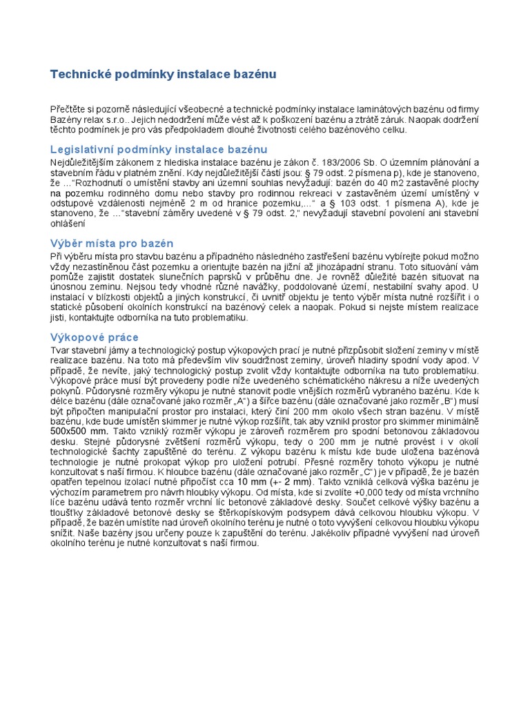 Bazény Relax - Postup Realizace Bazénu | PDF