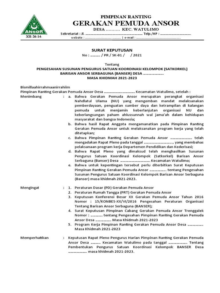 Contoh SK Satkorkel Banser Ranting | PDF