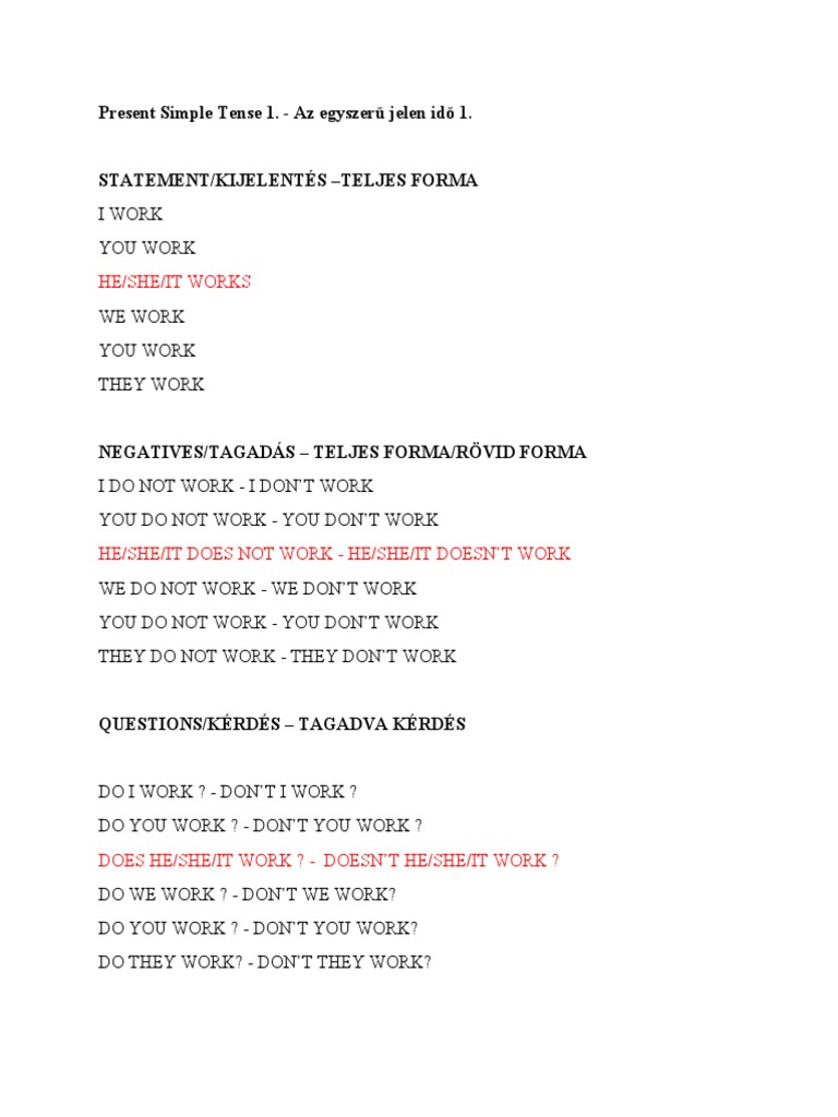 Present Simple Tense - Egyszerű Jelen Idő | PDF