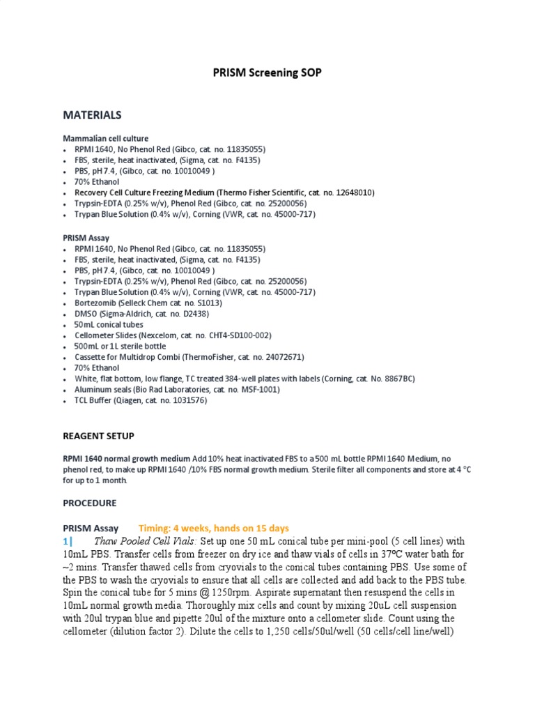PRISM SOP Supplemental Materials | PDF | Industries | Invitrogen