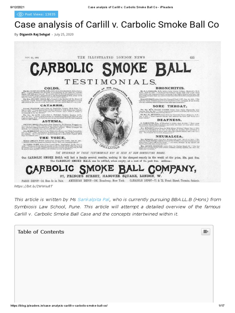 Case Analysis of Carlill v. Carbolic Smoke Ball Co. | PDF ...