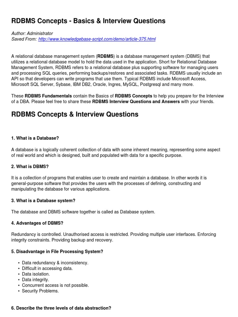 RDBMS Concepts - Basics & Interview Questions: Author: Administrator Saved From | PDF ...