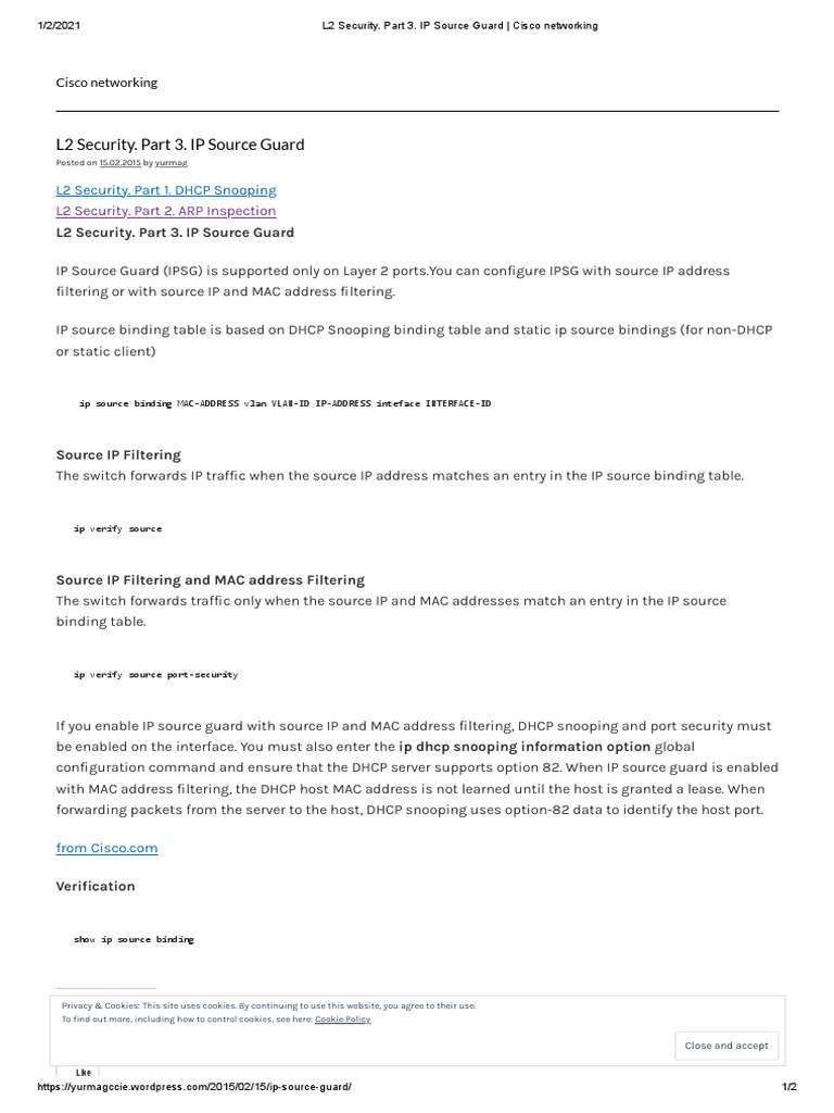 L2 Security. Part 3. IP Source Guard - Cisco Networking | PDF | Ip Address | Computer Engineering