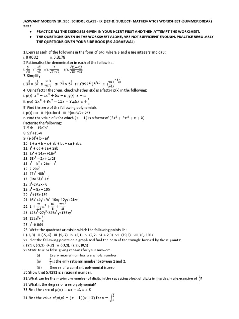 Summer Vacation Homework For Class Ix Maths Set B 3052022 Pdf