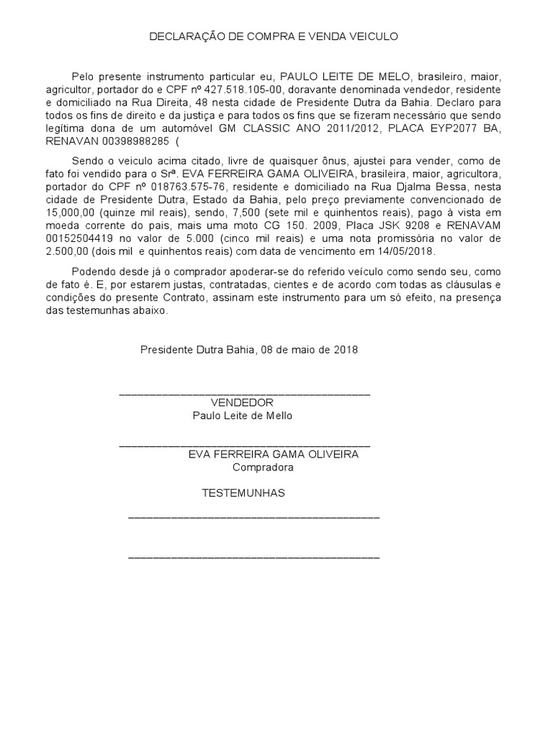 Declaração de Compra e Venda de Veiculo | PDF