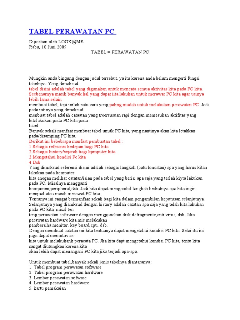 Tabel Perawatan PC | PDF
