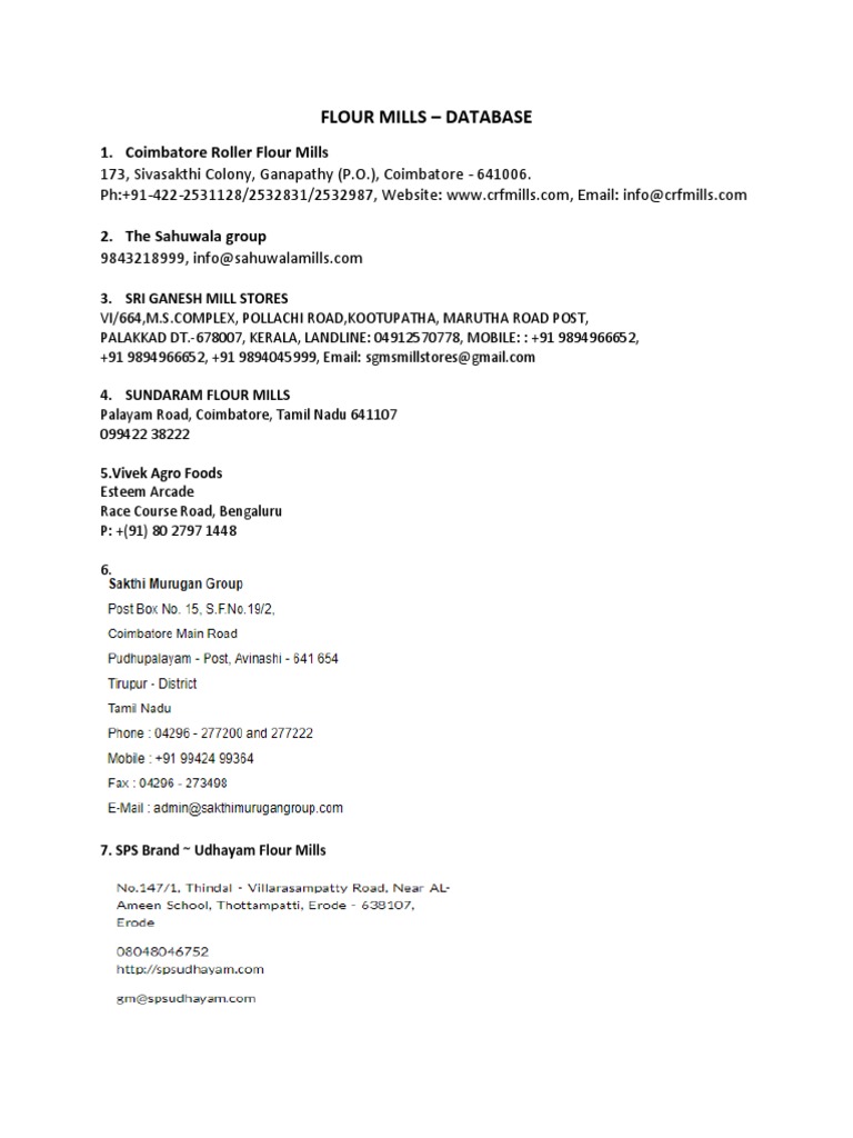 Flour Mills - Database | PDF | Bangalore | Cereals