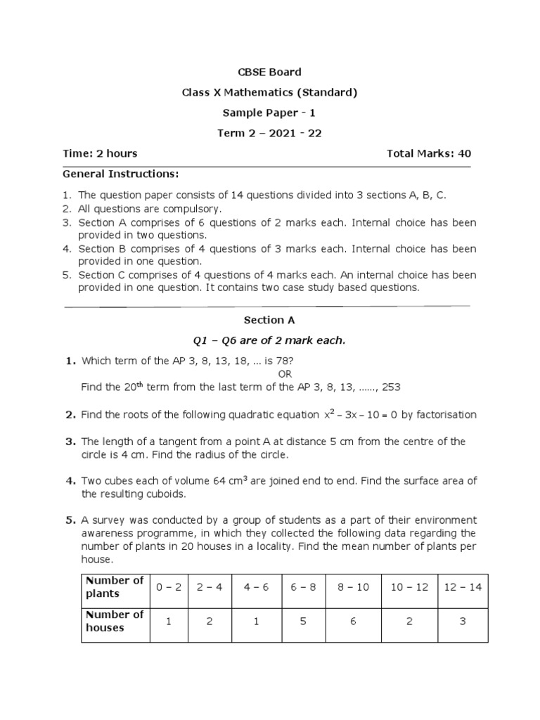 Set 1 - Mathematics Standard Term 2 Sample Question Paper | PDF ...