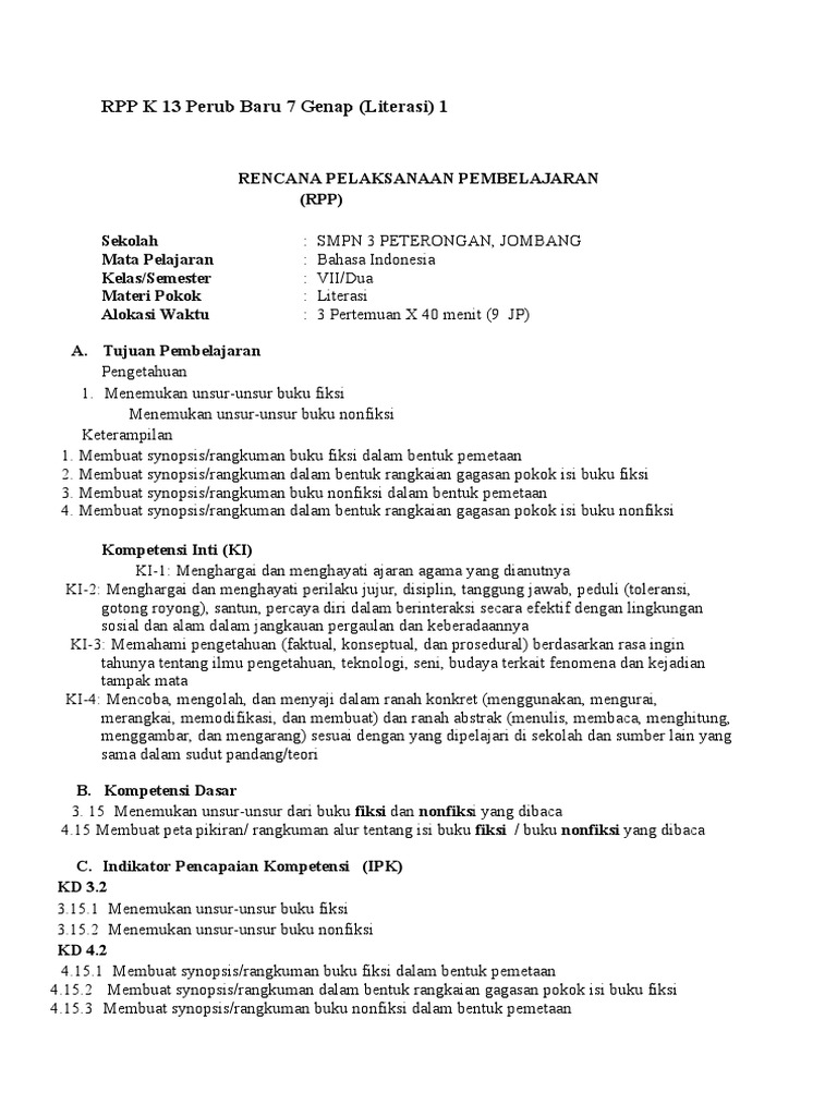 Contoh RPP K 13 Literasi 2 | PDF