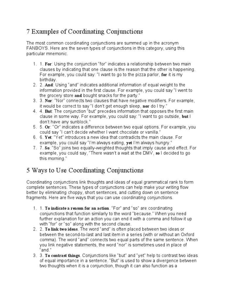 7 Examples of Coordinating Conjunctions | PDF | Linguistics | Grammar