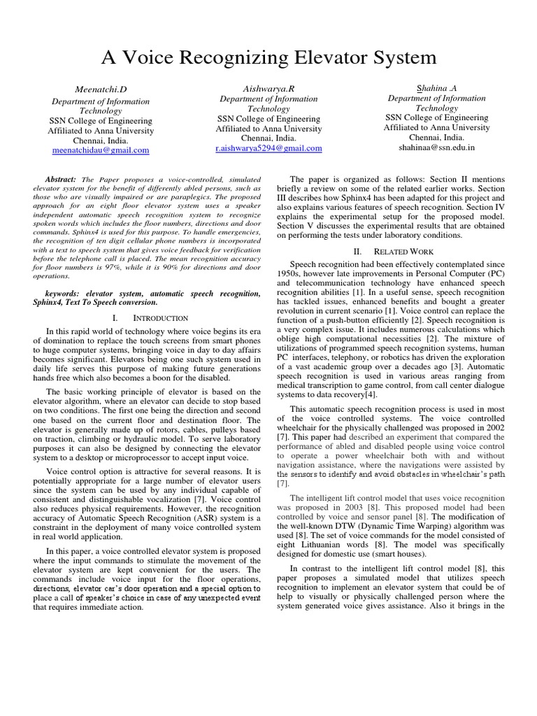 A Voice Recognizing Elevator System: Meenatchi.D Aishwarya.R | PDF | Speech Recognition | Speech ...