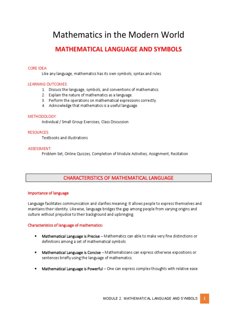 Module 2 Mathematical Language and Symbols 1 | PDF | Set (Mathematics) | Function (Mathematics)