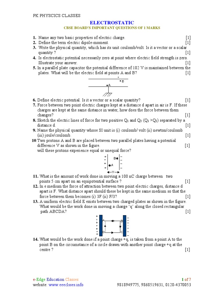 Electrostatics Important Questions | PDF | Dielectric | Capacitor