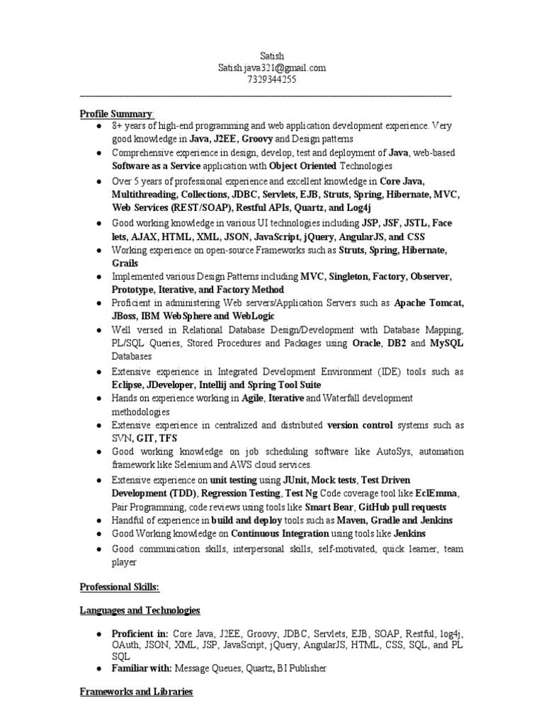 Satish - Java-8 Resume | PDF | Spring Framework | Web Service