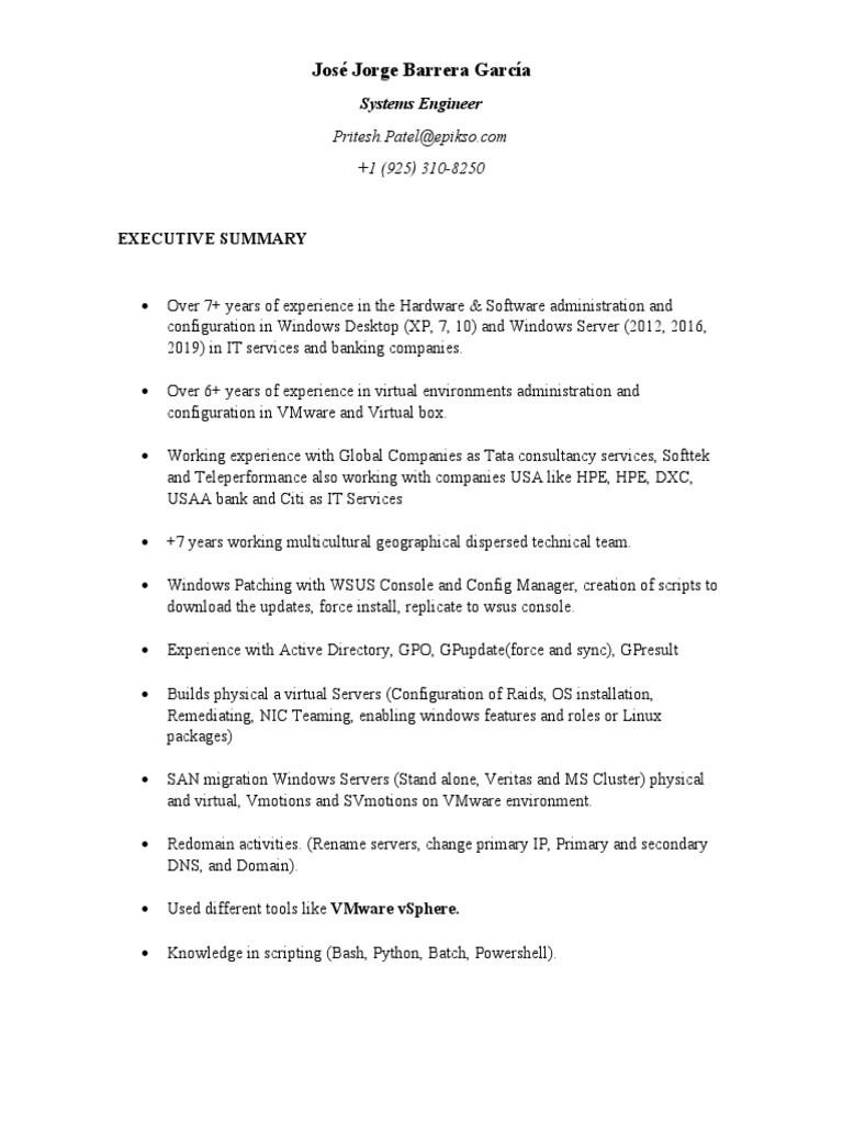 José Jorge Barrera García's Systems Engineer Resume Highlighting Over 7 Years of Experience in ...