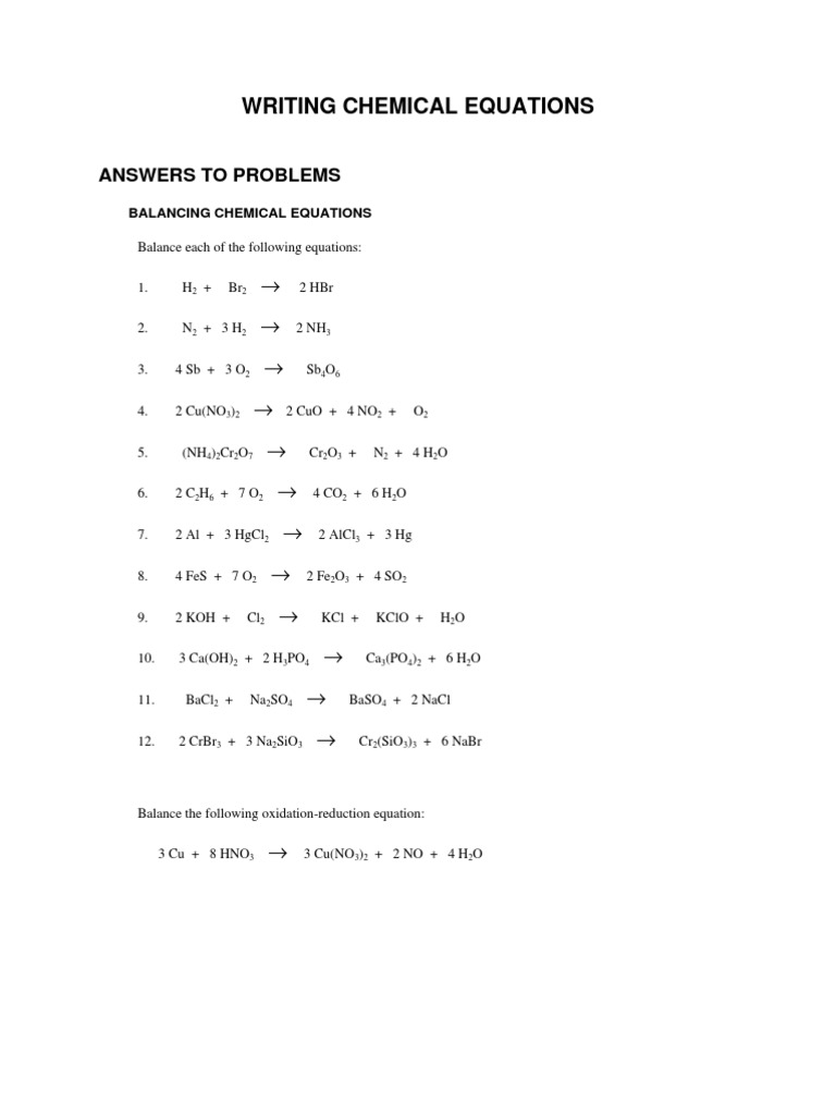 WRITING CHEMICAL EQUATIONS ANSWERS | PDF