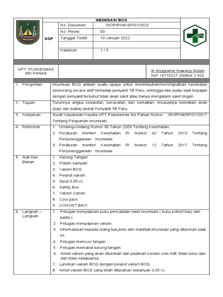 SOP IMUNISASI BCG 2022 New | PDF