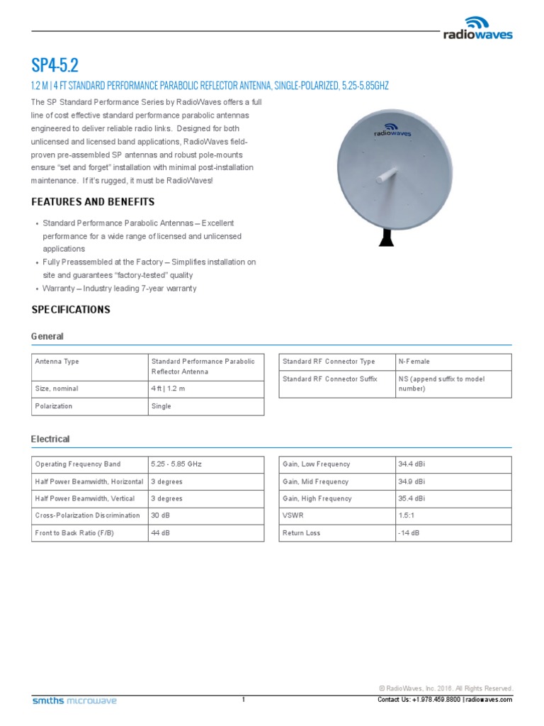 4 Feet, Single Pol, Radiowaves, SP4-5.2 | PDF | Antenna (Radio ...