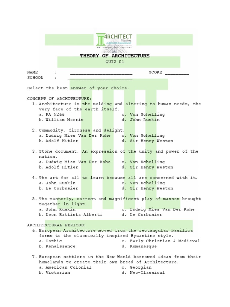 Theory of Architecture Quiz 01 - Questionnaire | PDF | Color | Hue