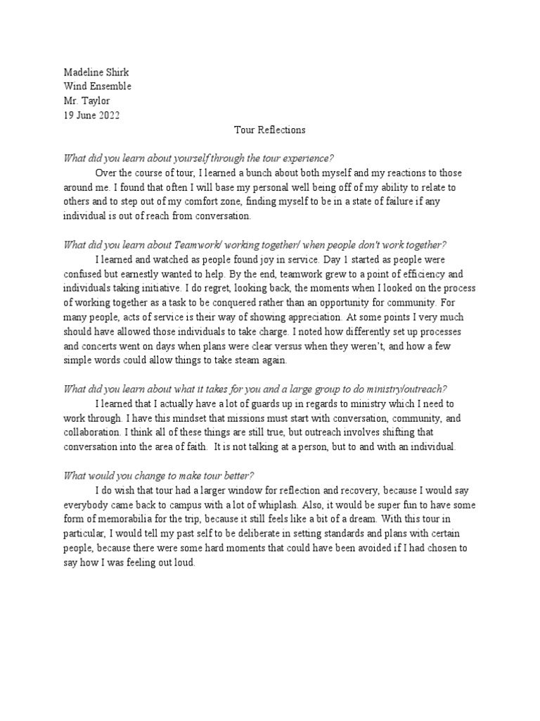 Band Tour Reflections | PDF