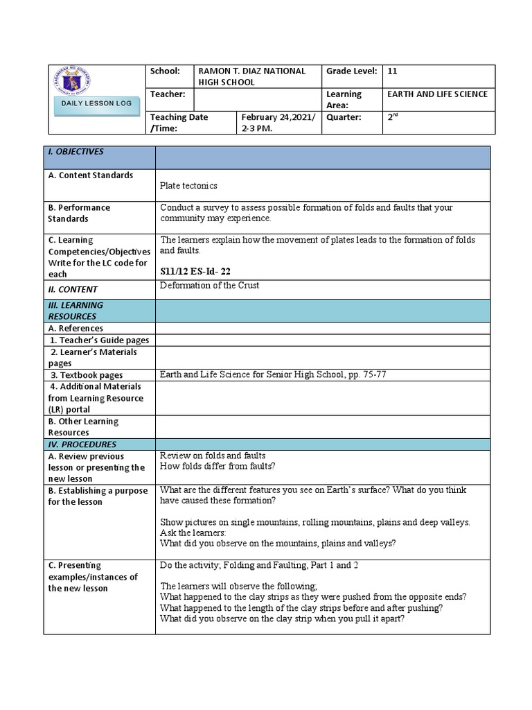 Daily Lesson Log | PDF | Plate Tectonics | Earthquakes