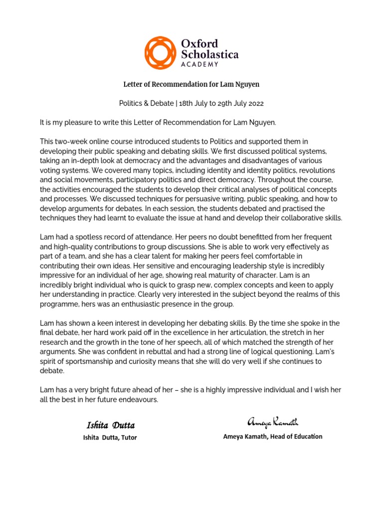 Lam Nguyen - Oxford Scholastica Academy Letter of Recommendation - 23-08-2022-15-37 | PDF ...