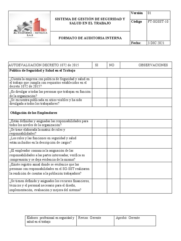 FT-SGSST-10 Formato de Auditoria Interna | PDF | Auditoría | Business