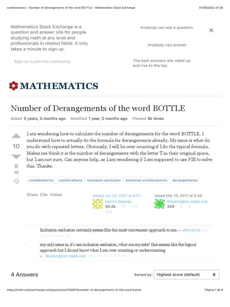 Combinatorics - Number of Derangements of The Word BOTTLE - Mathematics Stack Exchange | PDF ...
