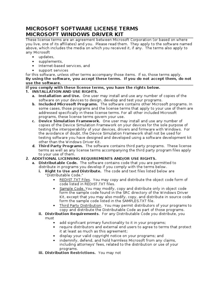 Microsoft Software License Terms Microsoft Windows Driver Kit | PDF