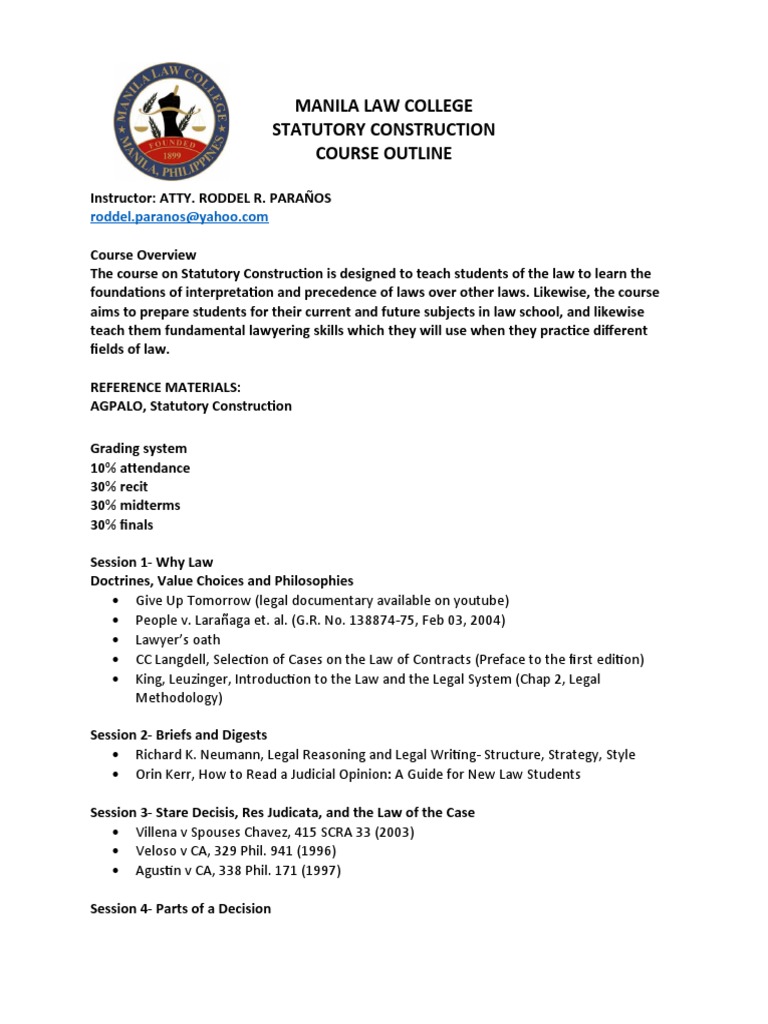 Paranos Statcon Course Outline | PDF | Statutory Interpretation | Attitude (Psychology)