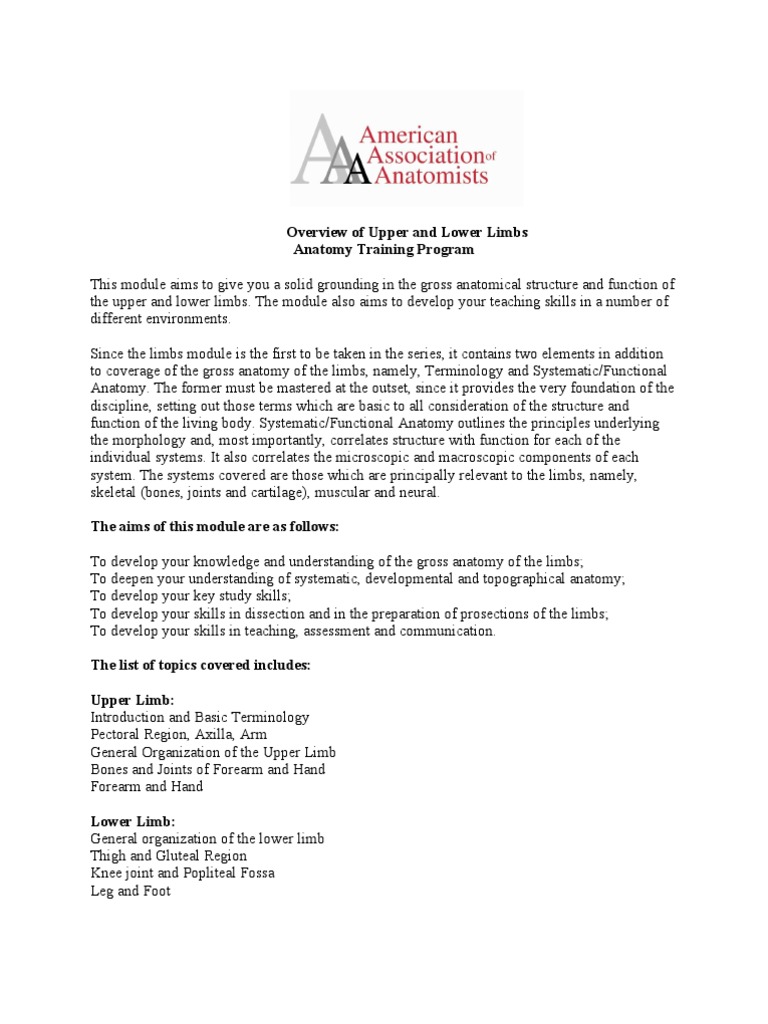 Overview of Upper and Lower Limbs Anatomy Training Program | PDF ...